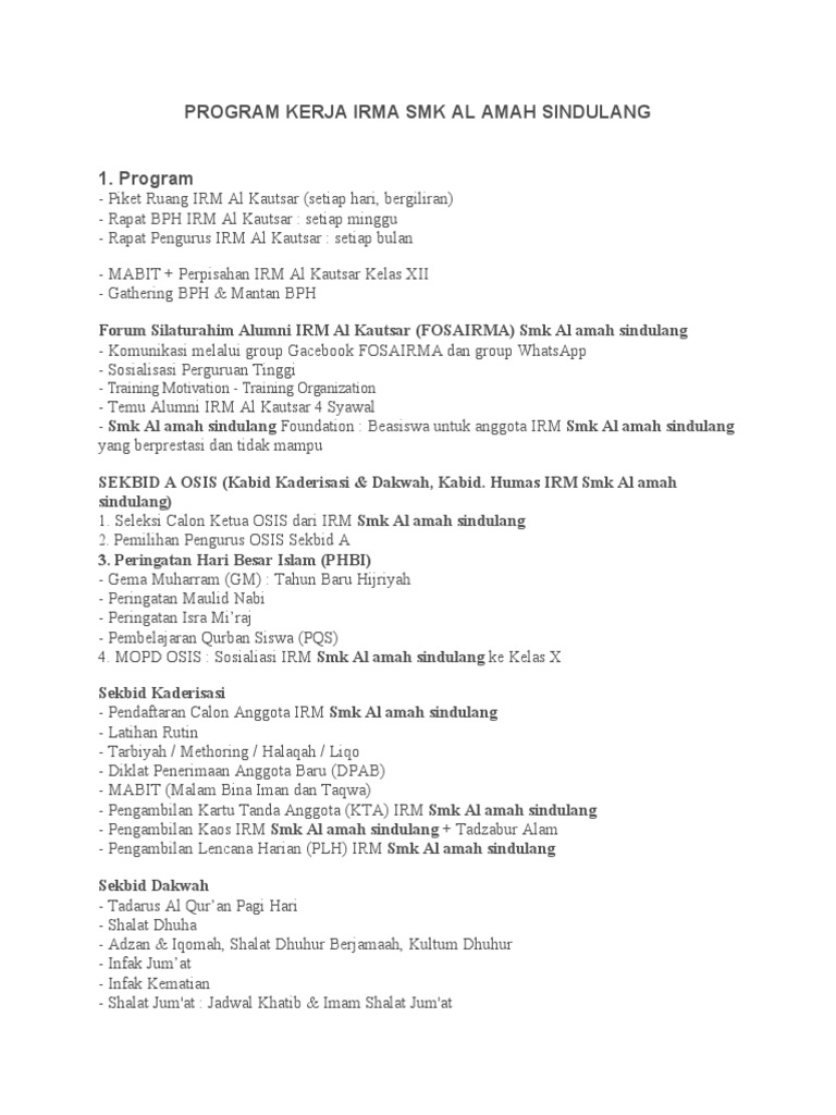 Program Kerja Irma SMK Al Amah Sindulang | PDF