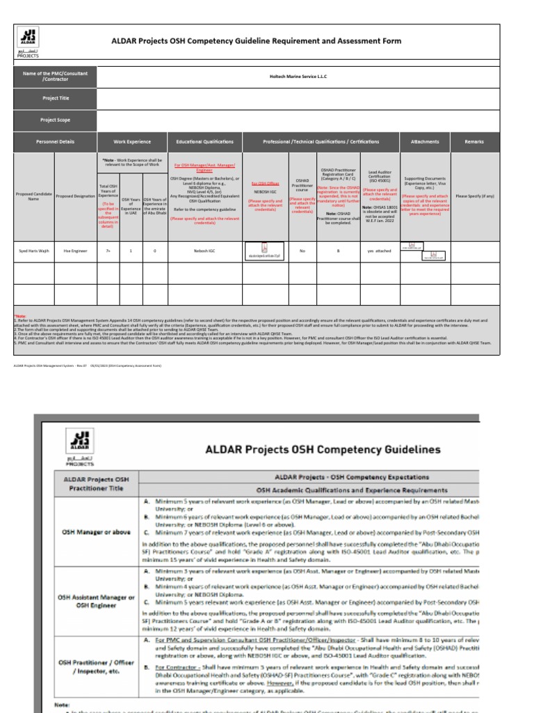 ALDAR PROJECTS OSH Competency Guideline Requirement and Assessment Form ...