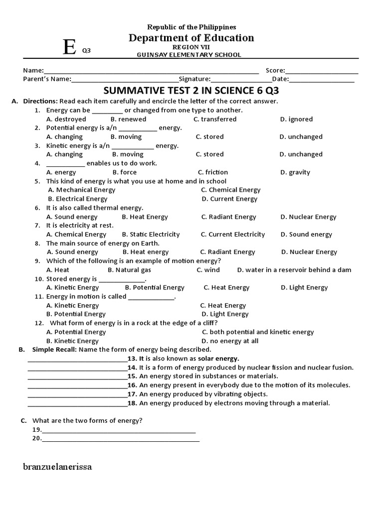 Summative Test in Science Forms of Energy | PDF