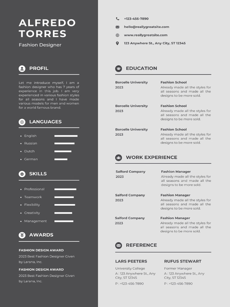 Grey Modern Fashion Designer Resume | PDF