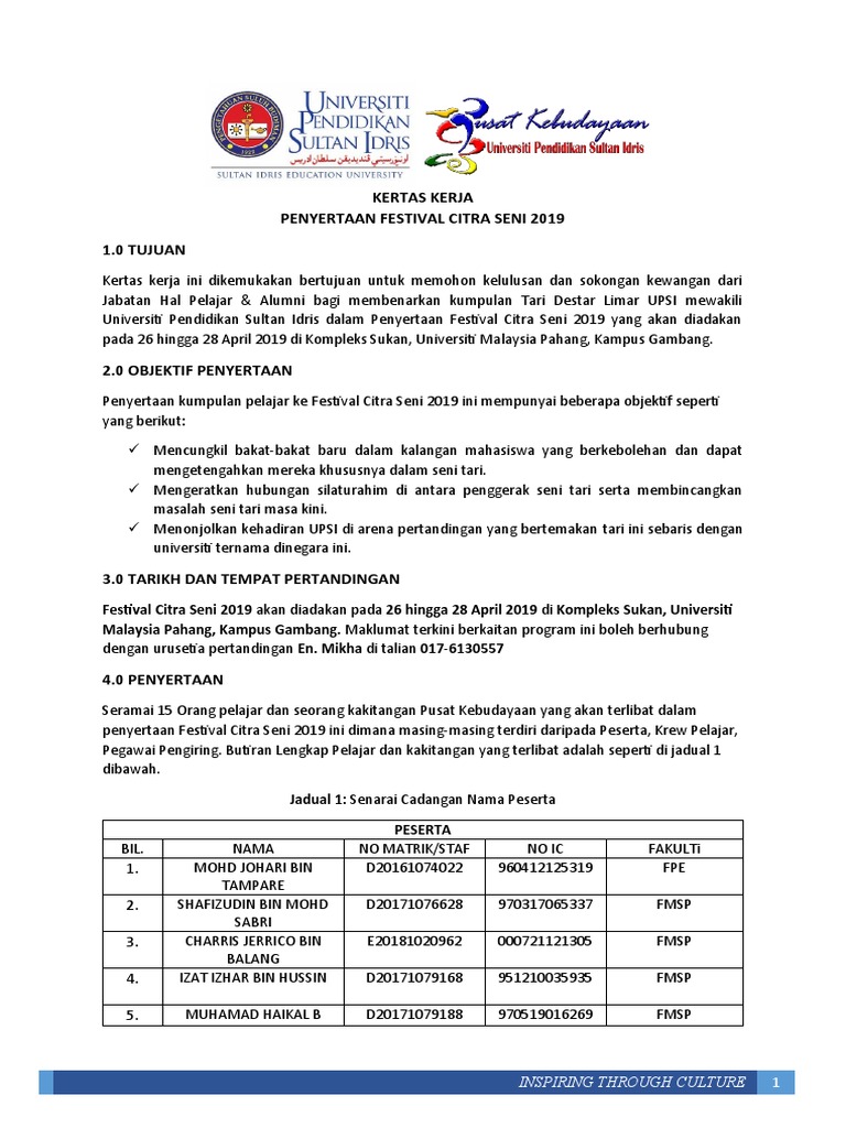 Kertas Kerja Permohonan Bajet Festival Citra Seni 2019 | PDF
