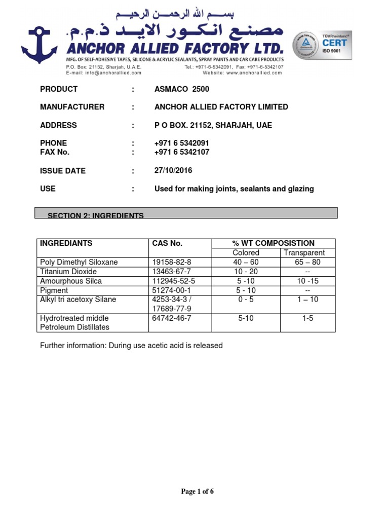 MSDS Asmaco 2500 Silicon Sealant | PDF | Fires | Water