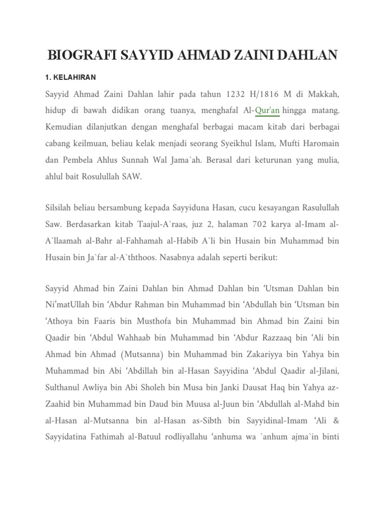 BIOGRAFI Sayyid Ahmad Zaini Dahlan | PDF