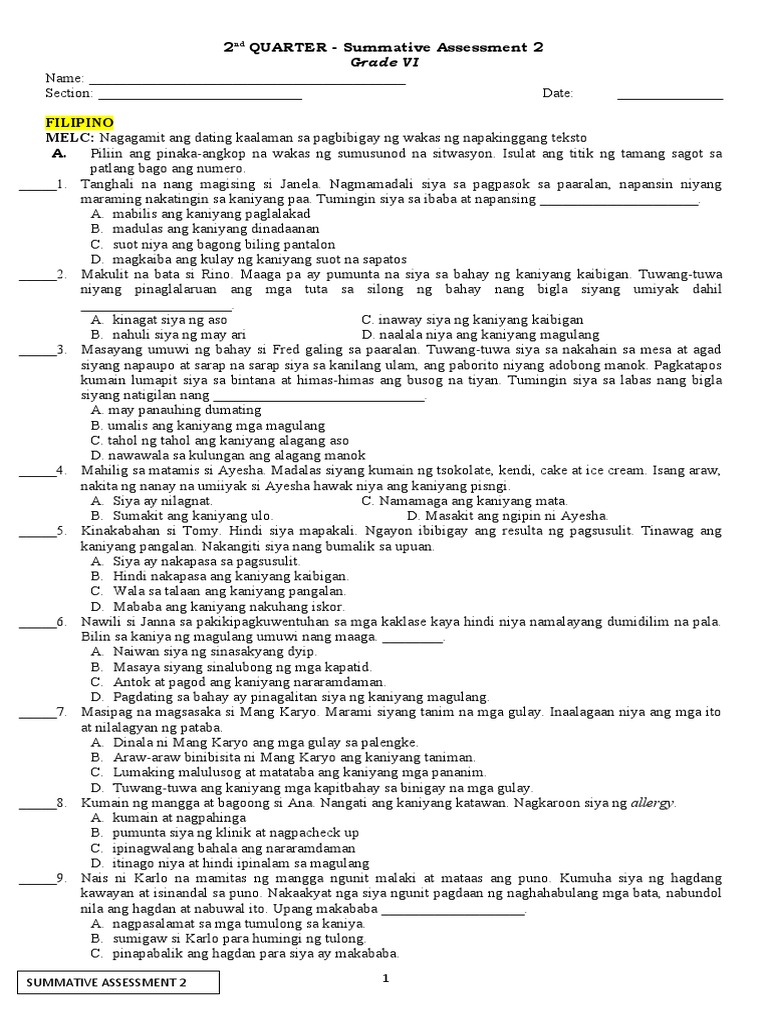 2 QUARTER - Summative Assessment 2: Grade VI | PDF