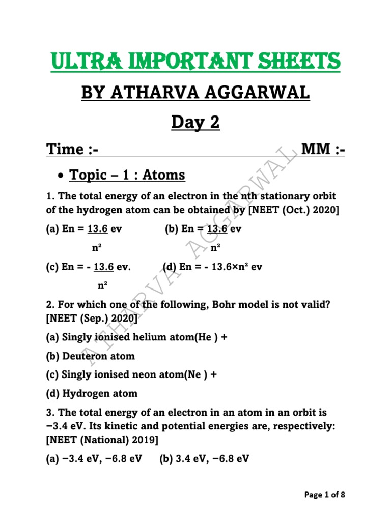 Ultra Important Sheets: Atharva Aggarwal | PDF | Radioactive Decay | Photoelectric Effect