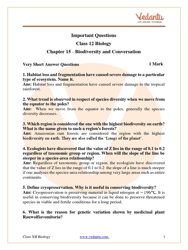 Important Questions Class 12 Biology Chapter 15 - Biodiversity and ...