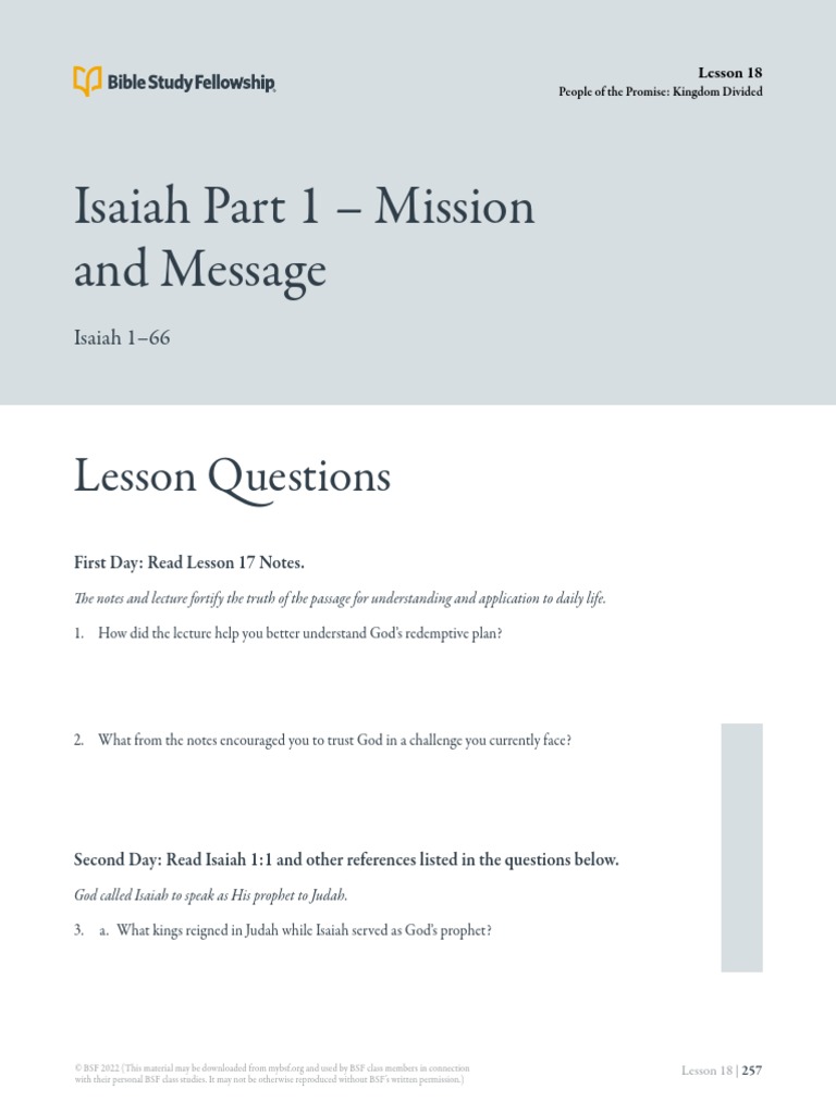 Isaiah Part 1 - Mission and Message: Lesson Questions | PDF | Isaiah | Book Of Isaiah