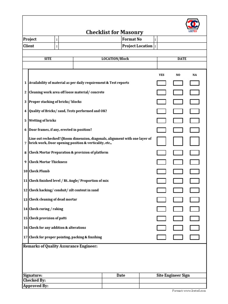 Brickwork QC Checklist | PDF