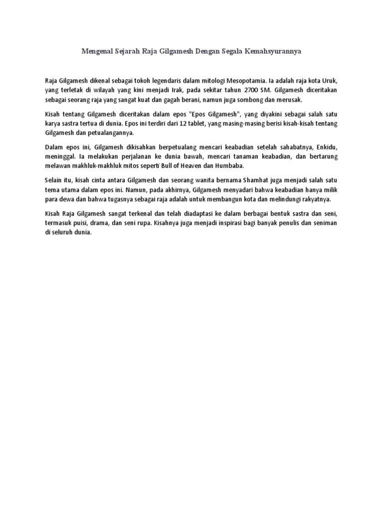 Sejarah Raja Gilgamesh dan Eposnya | PDF | Klasik