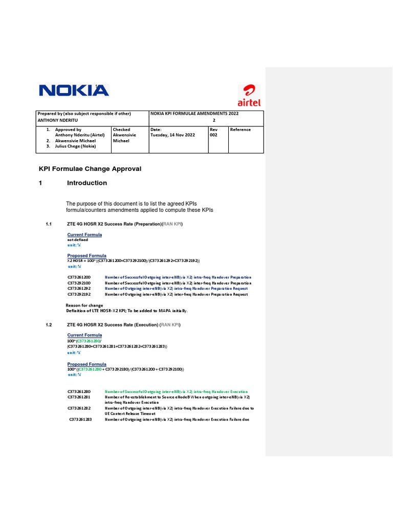 4G HOSR-X2 Formulae Amendment (2022-11-08) (v1.2) (Final) | PDF | 4 G | Lte (Telecommunication)