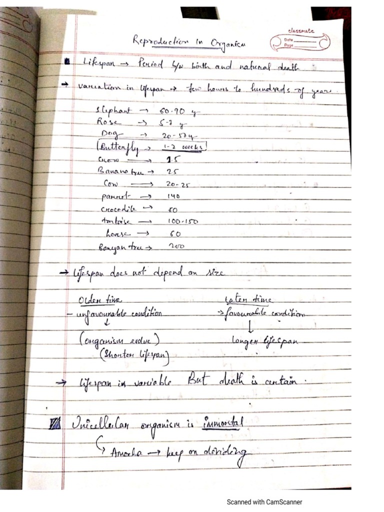 Reproduction in Organisms Handwritten Class Notes | PDF