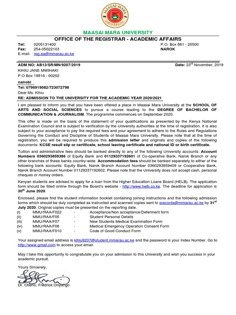 Maasai Mara University Kihiu Jane Mwihaki Admission Letter 2019 | PDF ...