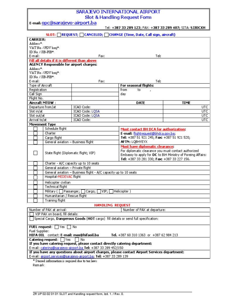 ZR UP 02-2 01 01 SLOT and Handling Request Form Izd. 1. - Rev. 0 | PDF