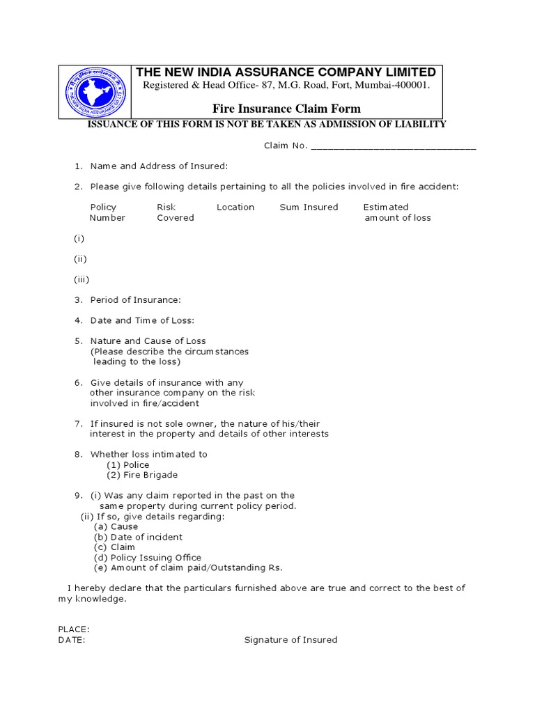 Fire Claim Form New India | PDF