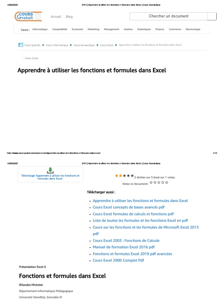 (PDF) Apprendre À Utiliser Les Fonctions Et Formules Dans Excel - Cours Bureautique | PDF ...