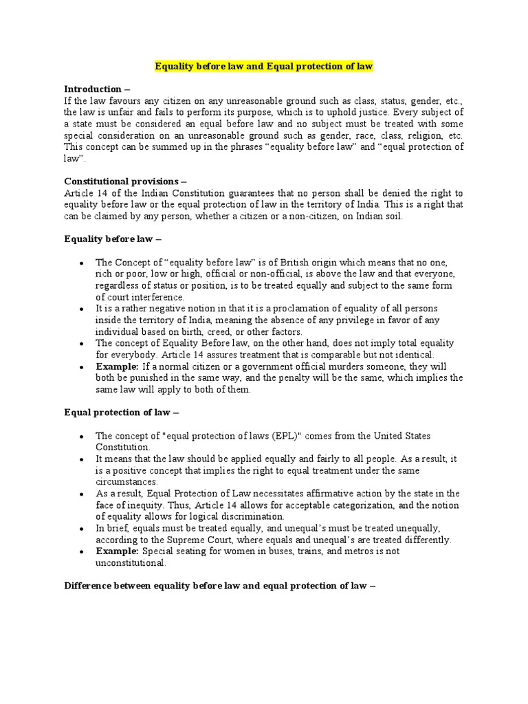 Equality Before Law and Equal Protection of Law | PDF | Equal ...