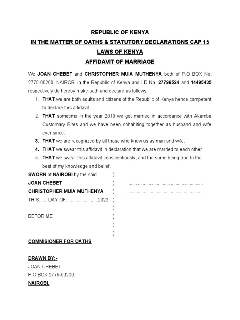 Republic of Kenya in The Matter of Oaths & Statutory Declarations Cap 15 Laws of Kenya Affidavit ...