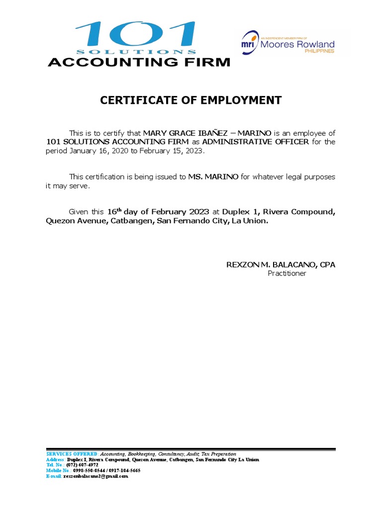Certificate of Employment: 101 Solutions Accounting Firm As Administrative Officer For The | PDF ...