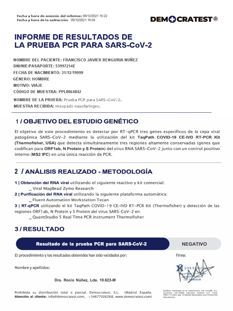 Informe de Resultados de La Prueba PCR para Sars-Cov-2 | PDF