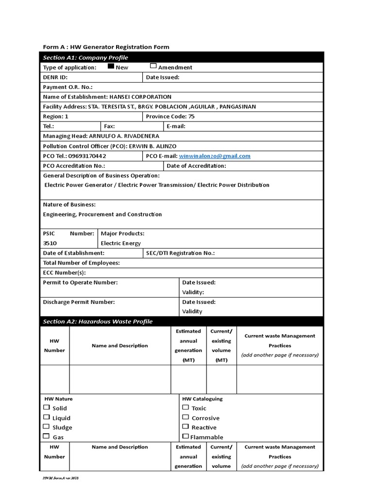 Section A1: Company Profile: Form A: HW Generator Registration Form | Download Free PDF ...
