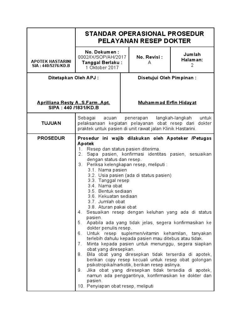 Sop Pelayanan Resep Di Apotek Hastarini Pdf