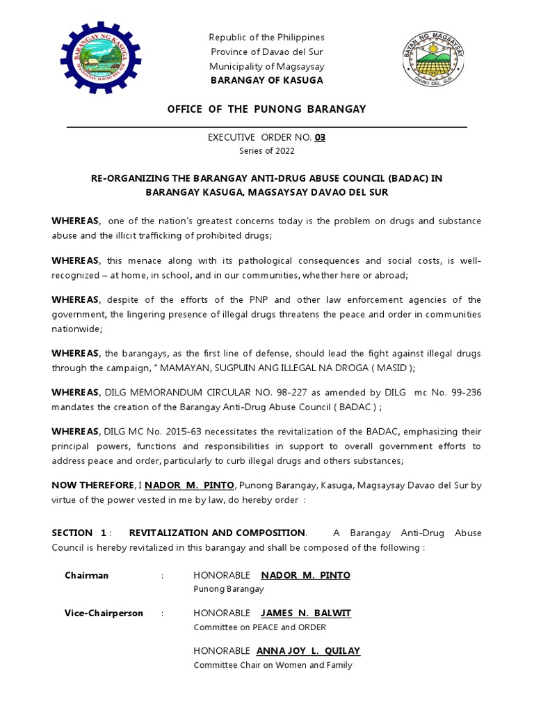 Executive Order, BADAC2020 | PDF | Substance Abuse | Social Aspects Of ...