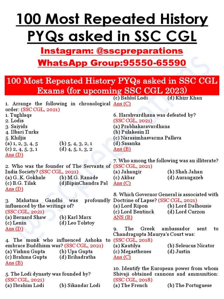 100 Most Repeated History Pyqs Asked In Ssc Cgl Exams Pdf Indian National Congress Mahatma