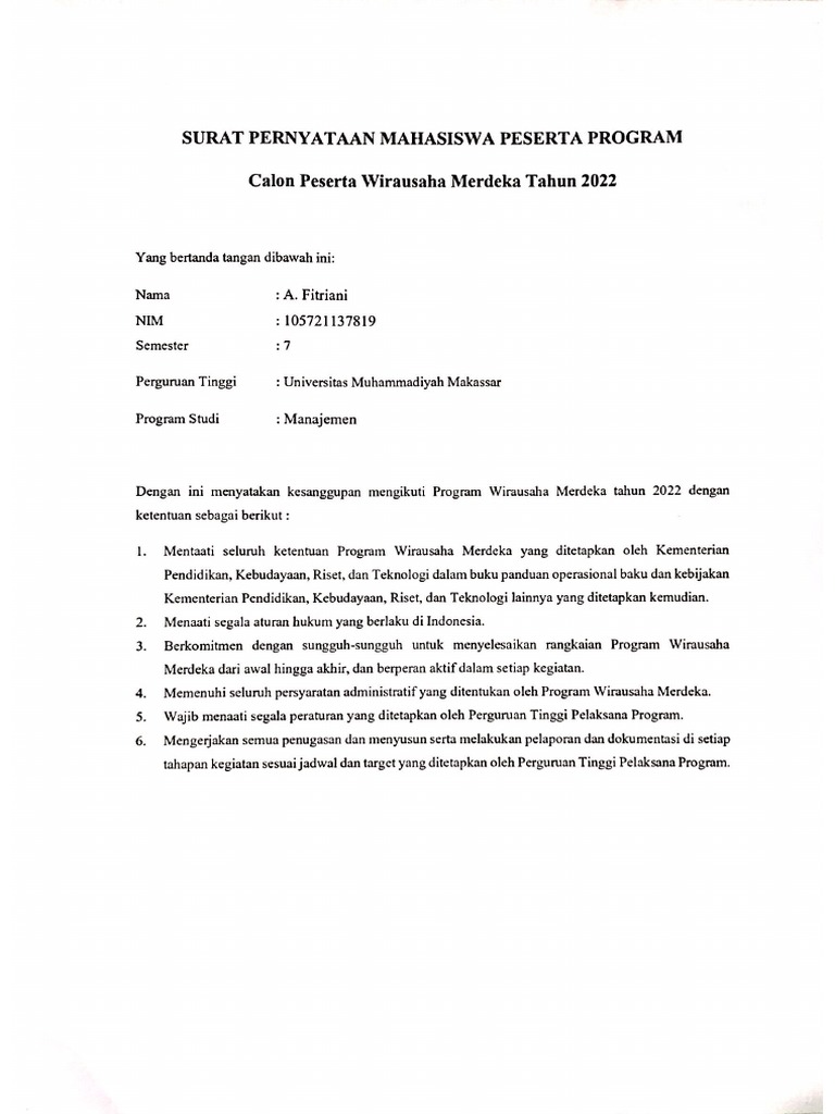 Surat Pernyataan Mahasiswa Peserta Progr | PDF
