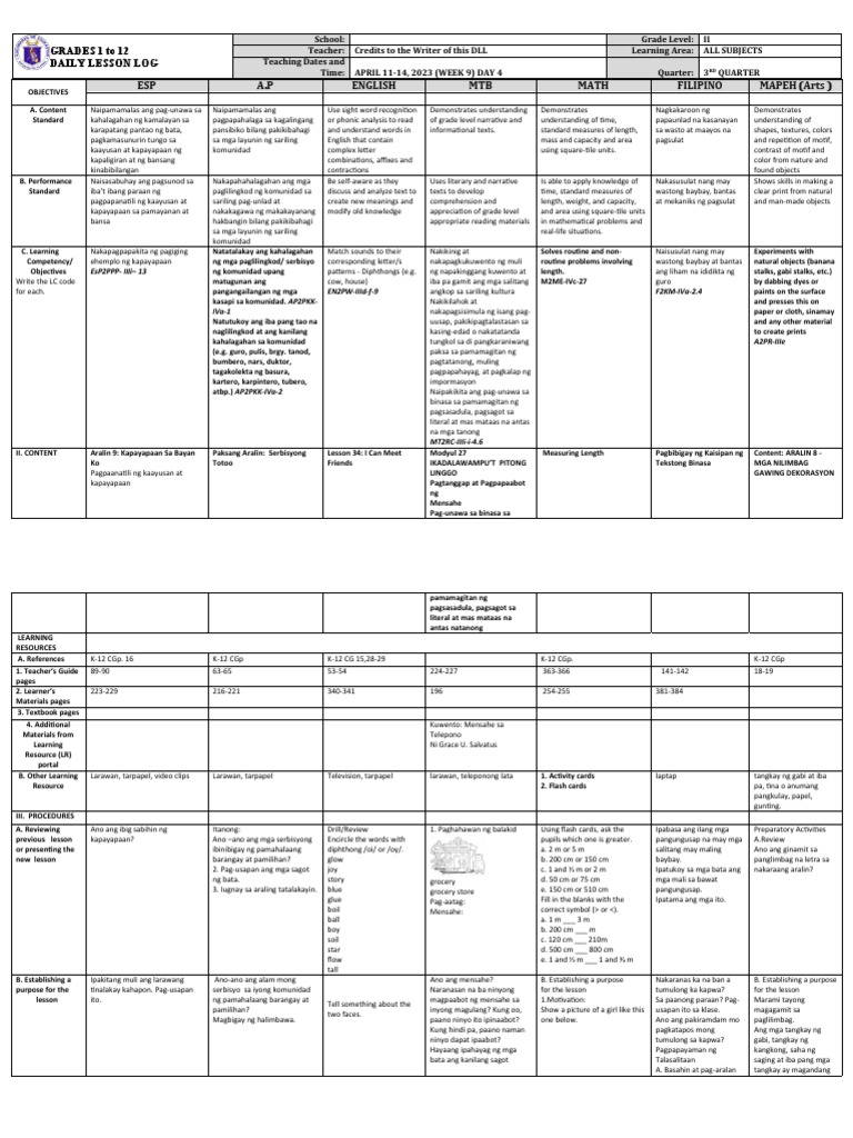 DLL - All Subjects 2 - Q3 - W9 - D4 | PDF | Reading Comprehension | Cognition