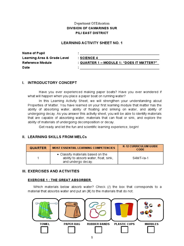 Exploring the Properties of Matter: A Hands-On Learning Activity Sheet ...