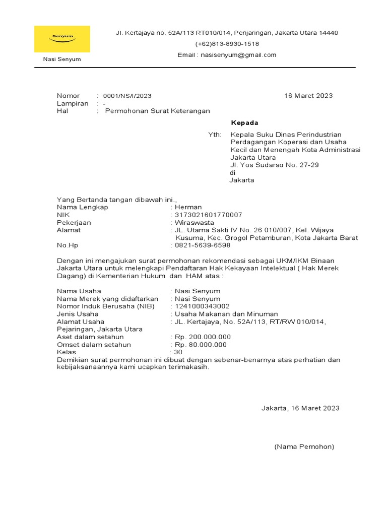 Format Surat Permohohnan HKI (1) | PDF