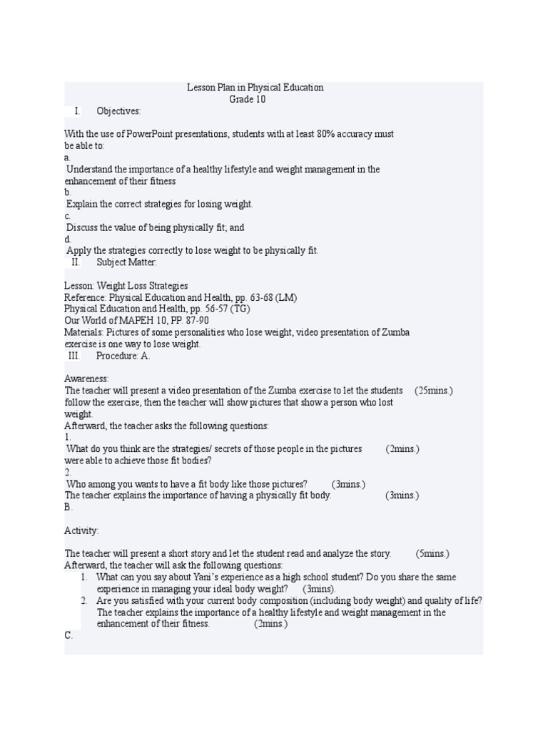 Lesson Plan in Physical Education Grade10 | PDF