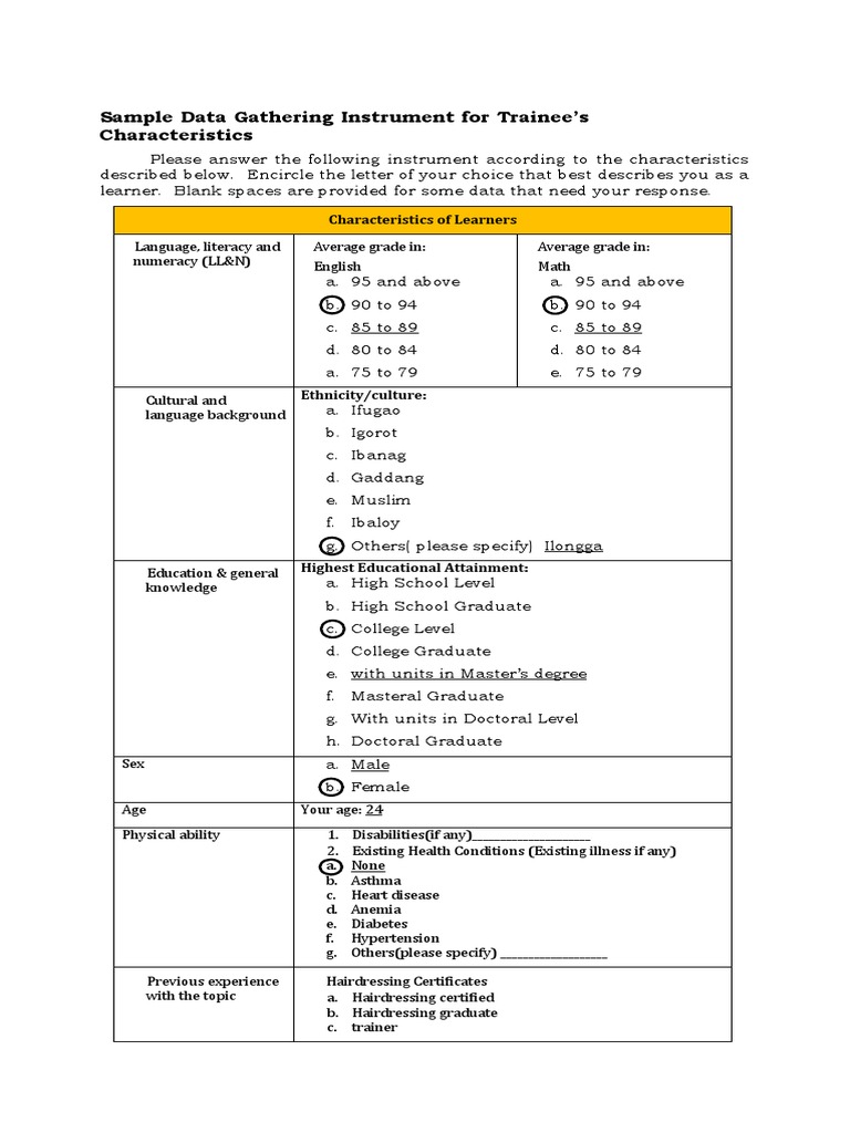 Sample Data Gathering Instrument For Trainee's Characteristics | PDF