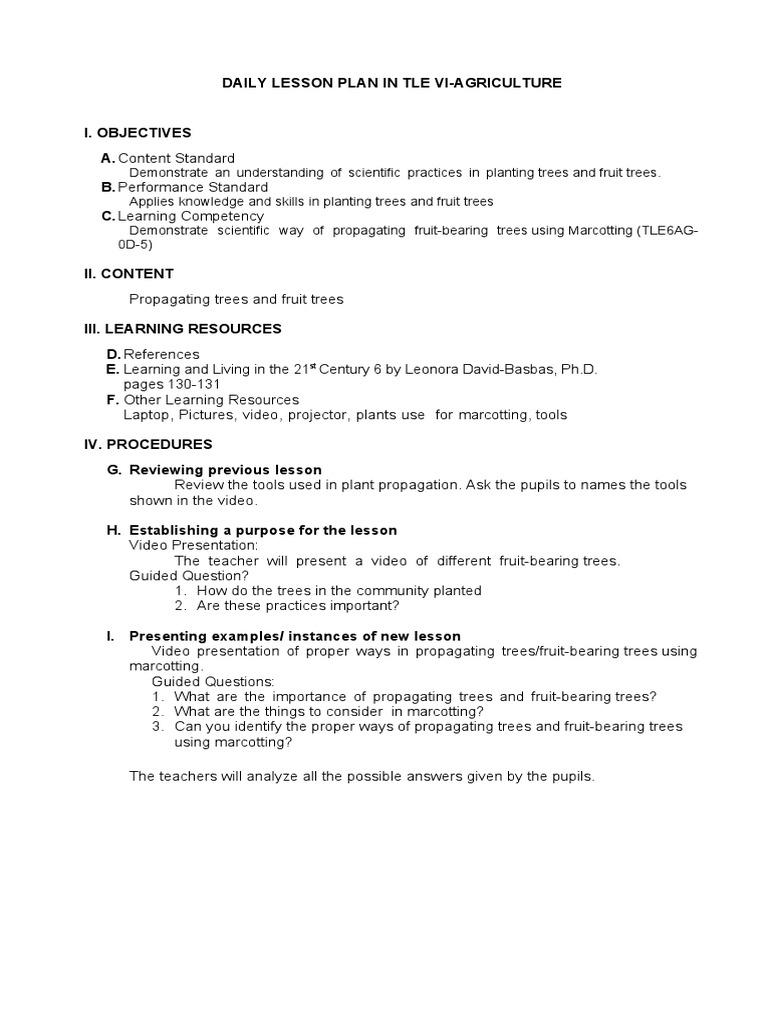 Cot 1 Lesson Plan - Agriculture - Plant Propagation | PDF | Learning ...