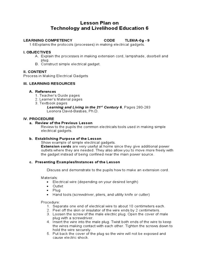 COT 2 LESSON PLAN (Making Simple Electrical Gadgets | PDF | Electrical ...