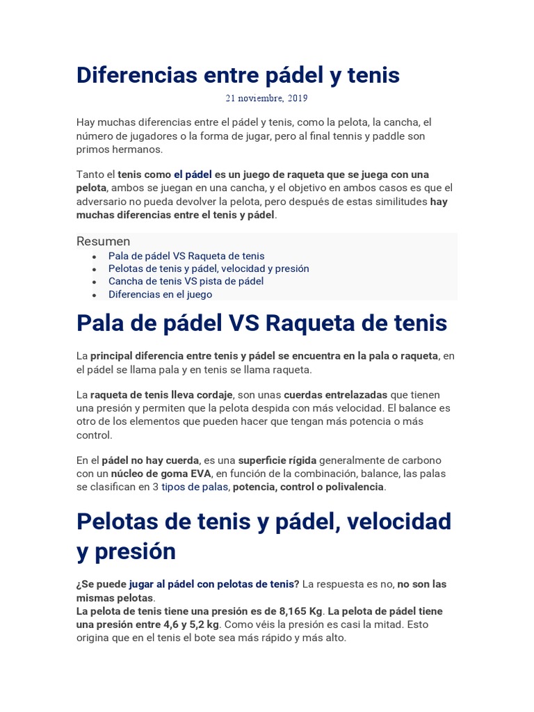 Diferencias Entre Pádel y Tenis | PDF | Pelota | Deportes