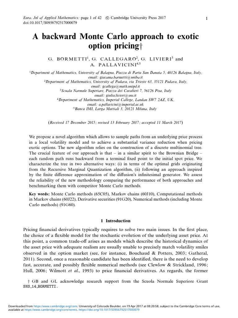 A Backward Monte Carlo Approach To Exotic Option Pricing: Cambridge University Press 2017 | PDF ...