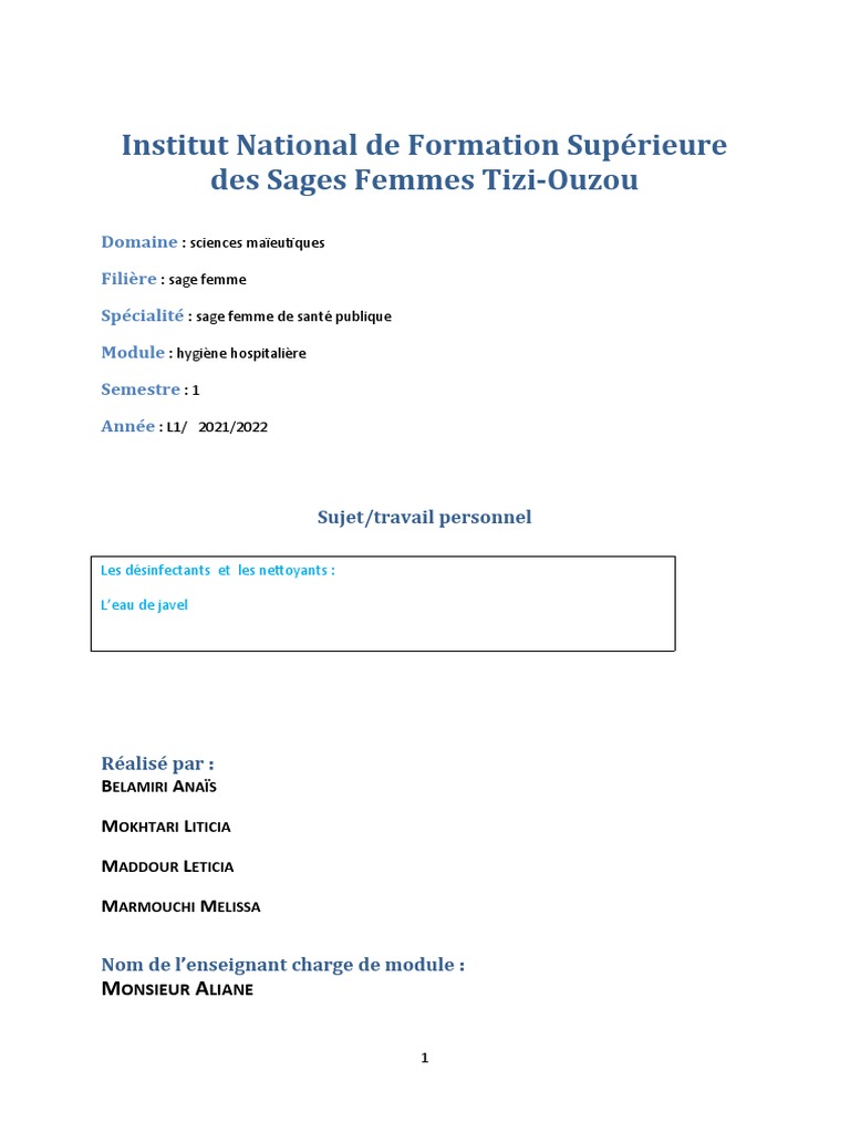 Institut National de Formation Supérieure Des Sages Femmes Tizi-Ouzou | PDF | Chlore | Ph