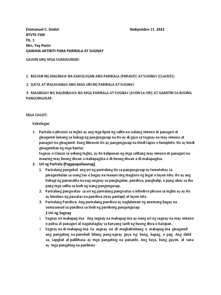 Parirala at Sugnay Aktibiti | PDF