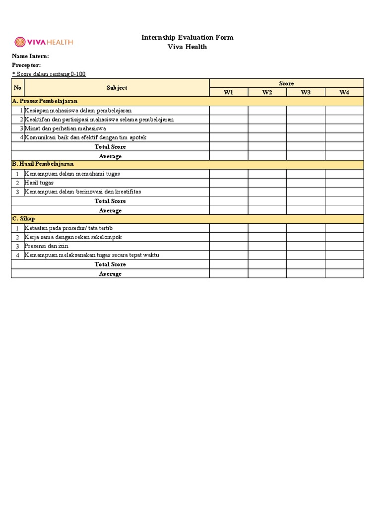 Internship Evaluation Form Viva Health: Name Intern: Preceptor: No ...