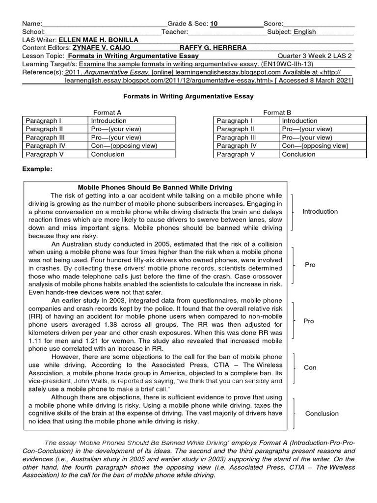 Formats in Writing Argumentative Essay | PDF | Traffic Collision | Traffic