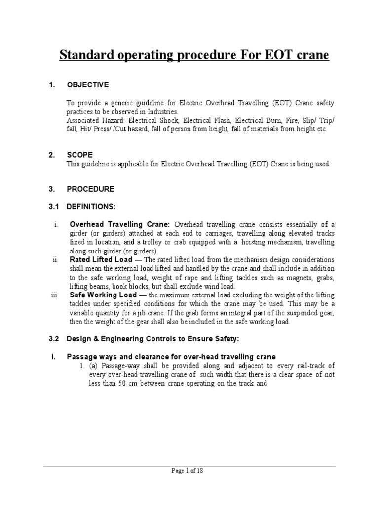 Standard Operating Procedure For EOT Crane | PDF | Crane (Machine) | Switch