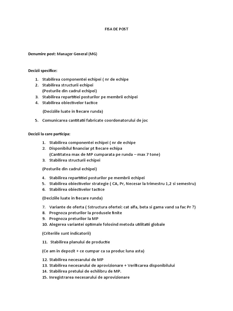 Fisa de Post Manager General MG | PDF