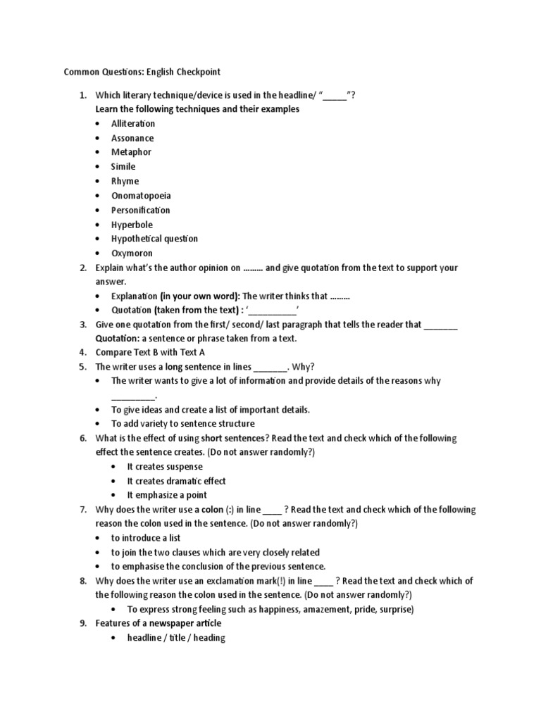 English Checkpoint Question Guide | PDF | Narration | Ellipsis