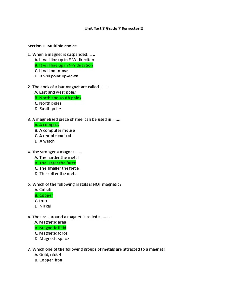 Unitt Test 3 Grade 7 Semester 2 | PDF | Magnet | Magnetism