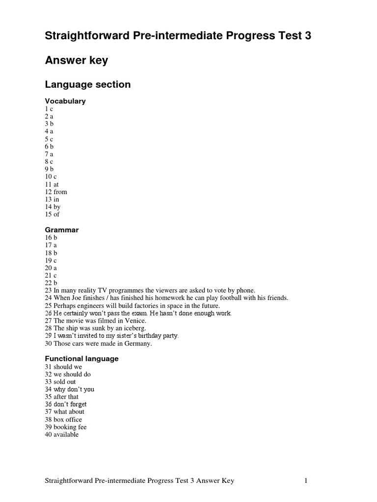 Straightforward Pre-Intermediate Progress Test 3 Answer Key: Language ...
