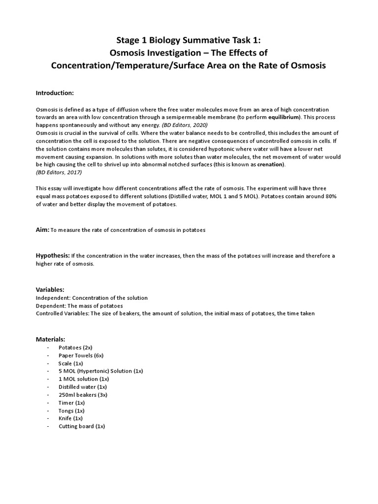 Stage 1 Biology Summative Osmosis Practical (2020, Year 11) | PDF ...