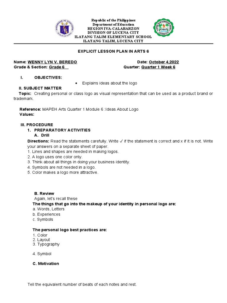 EXPLICIT LESSON PLAN IN ARTS WEEK 6 Day 2 | PDF | Logos | Brand