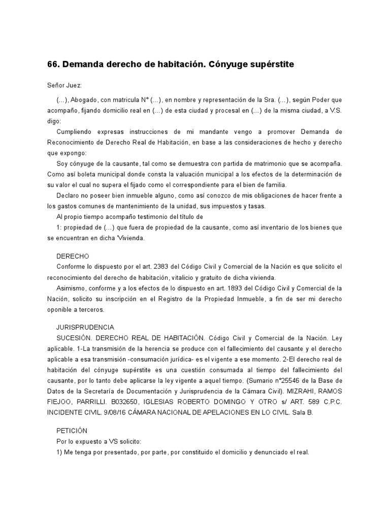 DEMANDA de Derecho de Habitación. Cónyuge Supérstite - CCyCom | PDF ...