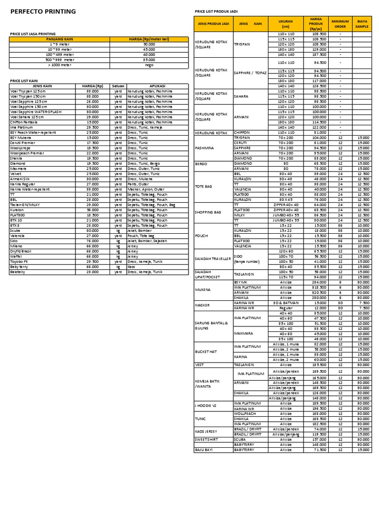 Pricelist Perfecto Printing Published Oct | PDF | Tools | Home
